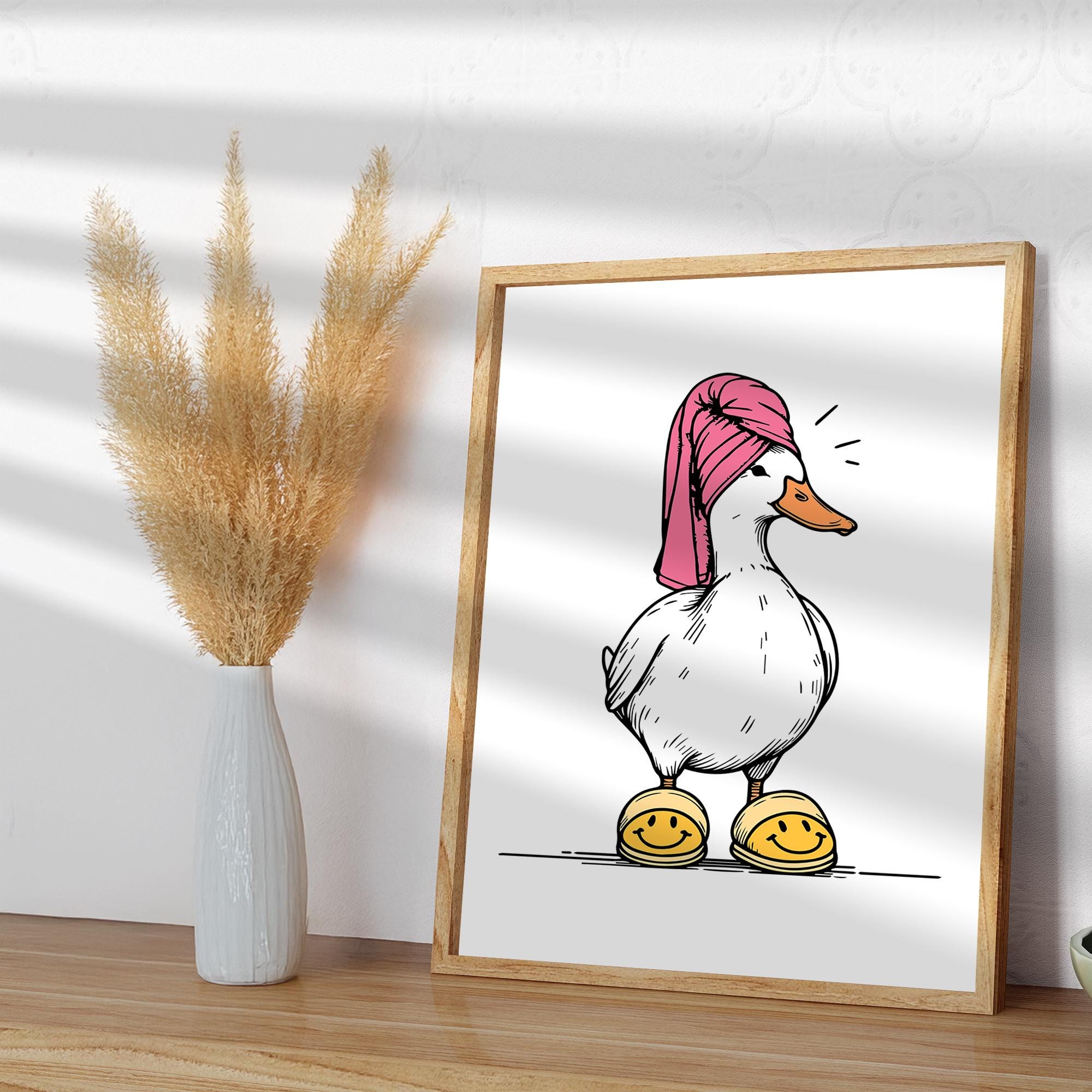 Cute Bathroom Duck Poster, Pink Retro Wall Art, Duck in Head Towel ...