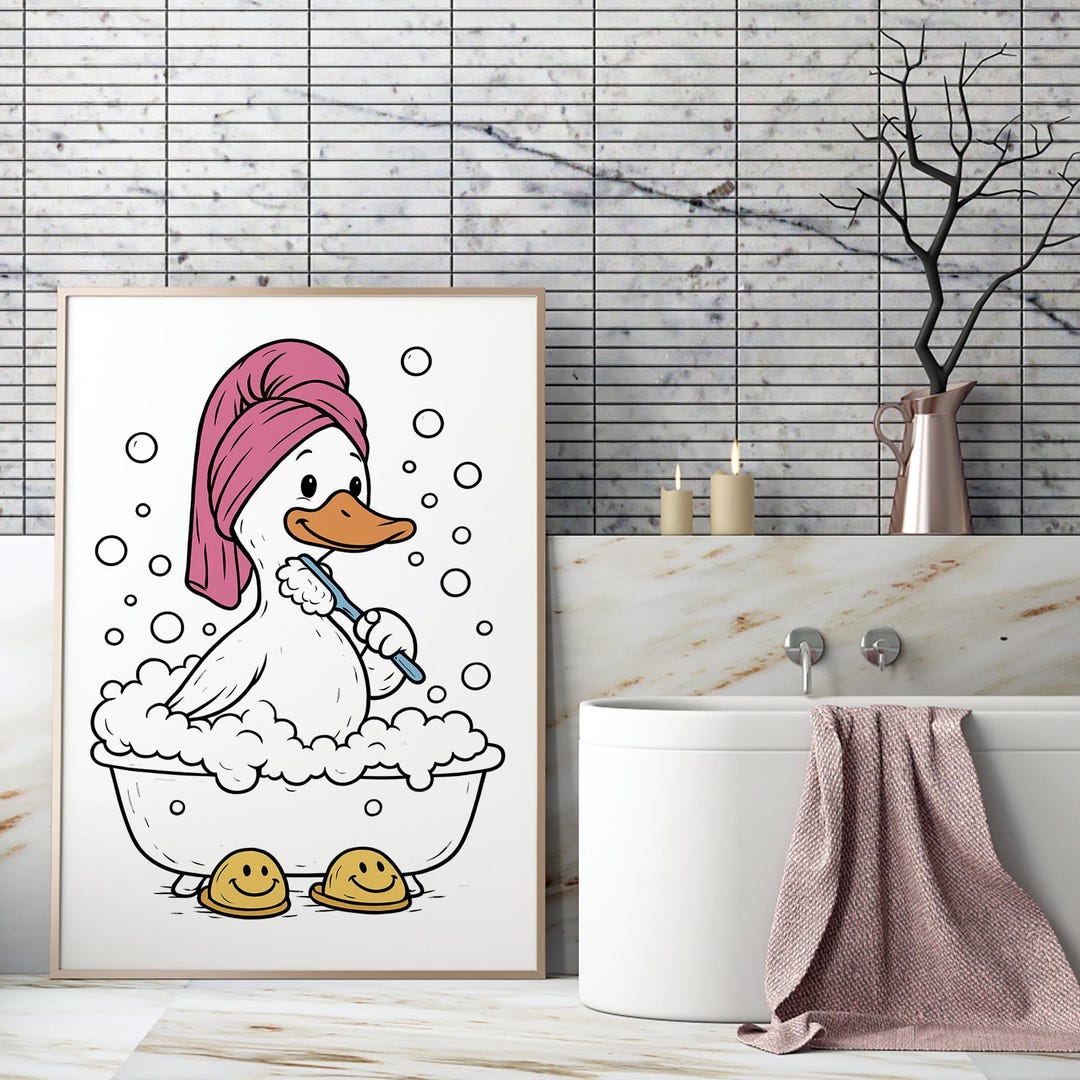 Cute Bathroom Duck Poster, Blue Retro Wall Art, Duck in Head Towel ...