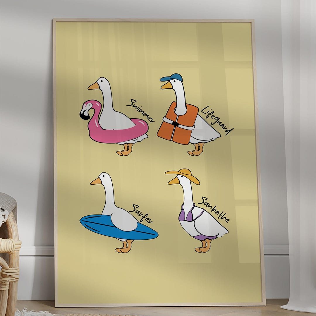 Swimmer Duck Poster, Lifeguard Funny Duck Wall Art, Surfer Duck Poster ...