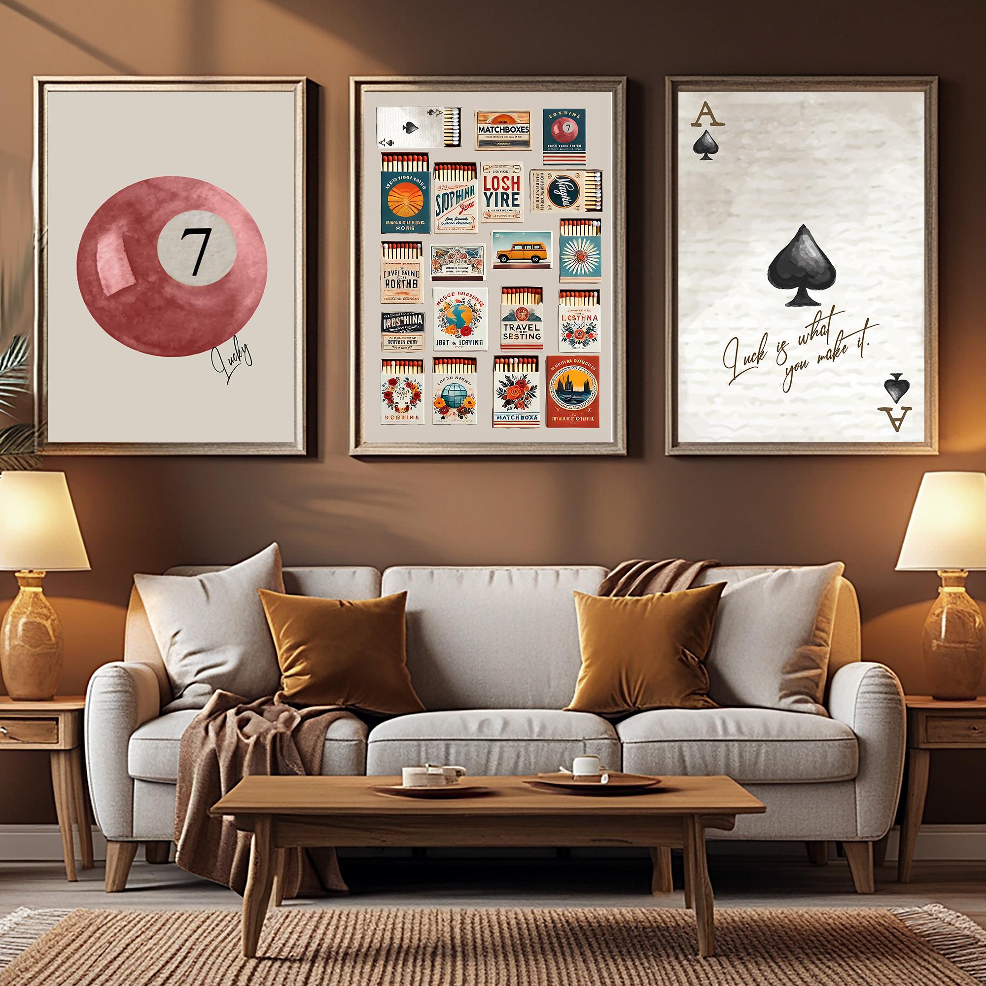 Set of 3 Poster, 8 Pool Ball Wall Art, Lucky Poster, Ace Card Print ...