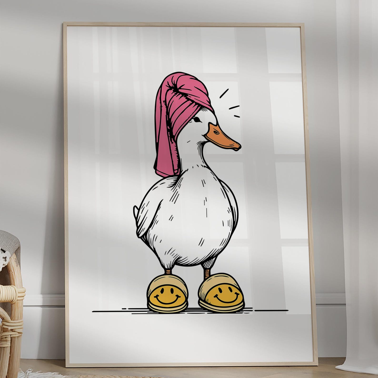 Cute Bathroom Duck Poster, Pink Retro Wall Art, Duck in Head Towel ...