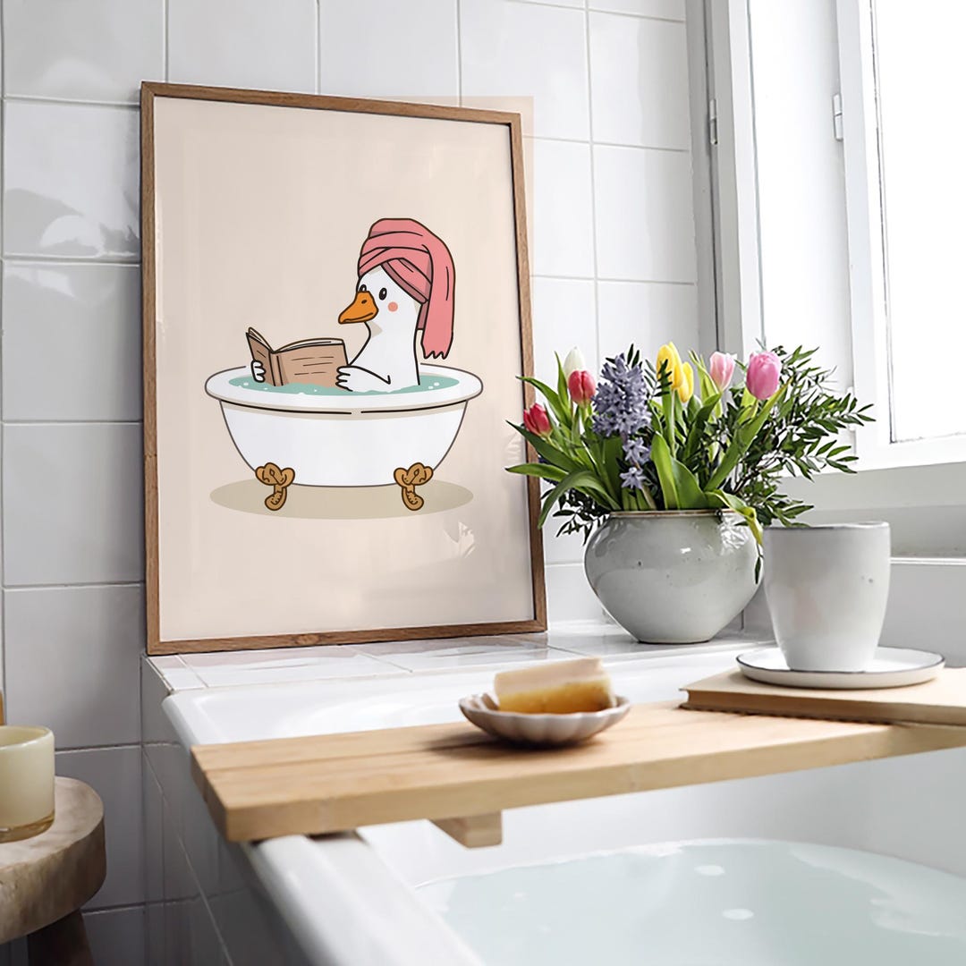 Cute Bathroom Duck Print, Pink Retro Wall Art, Duck in Head Towel ...