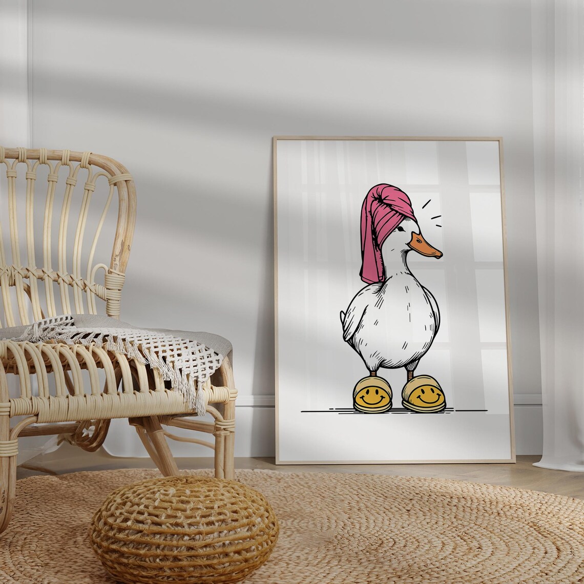 Cute Bathroom Duck Poster, Pink Retro Wall Art, Duck in Head Towel ...