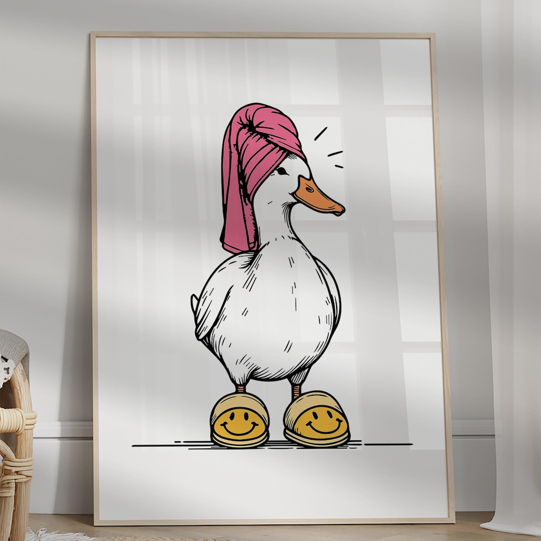 Cute Bathroom Duck Print, Pink Retro Wall Art, Duck in Head Towel ...