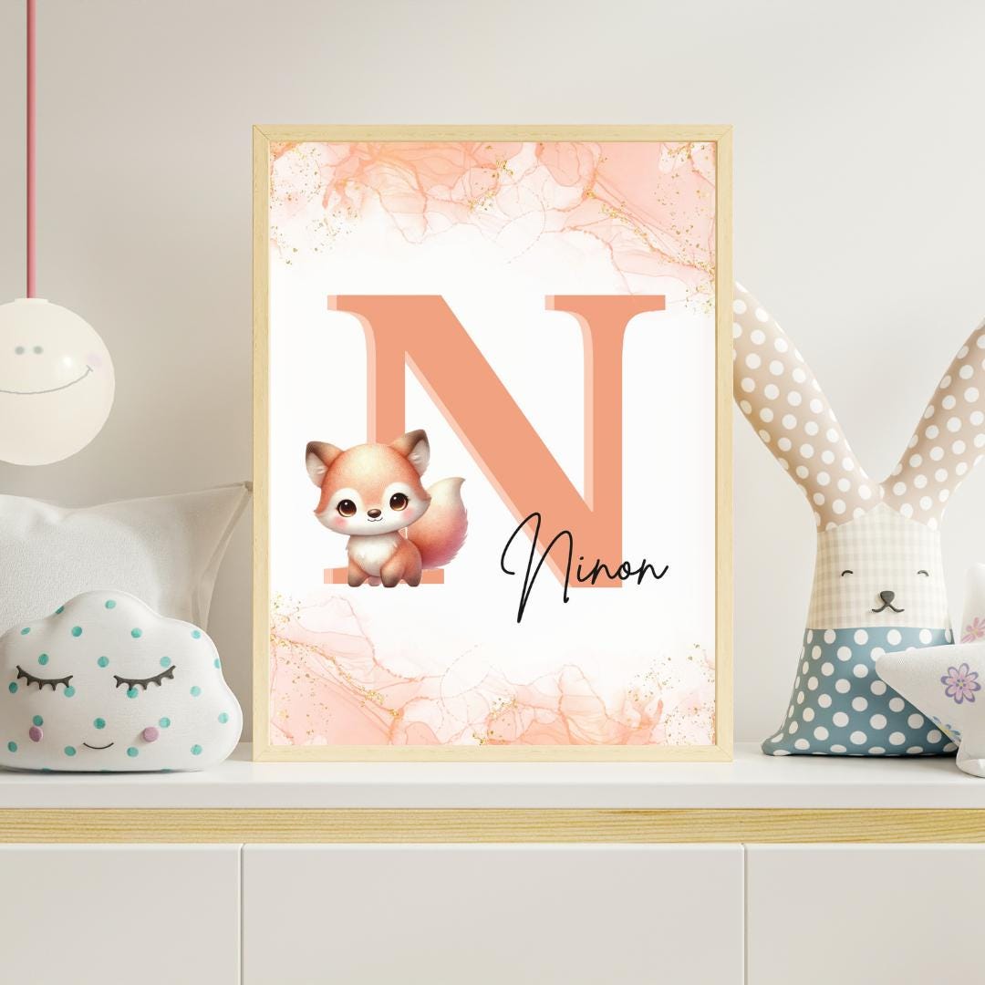 Personalized Fox First Name Letter Poster - Birth Gift - Peach-colored ...