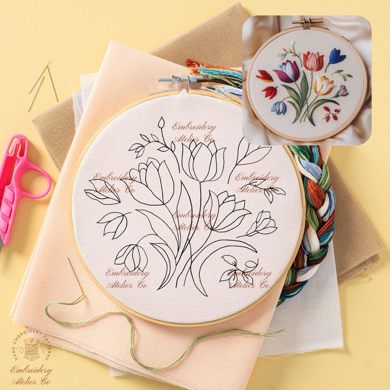 Colorful Tulips Hand Embroidery Pattern, Spring Flowers Embroidery ...