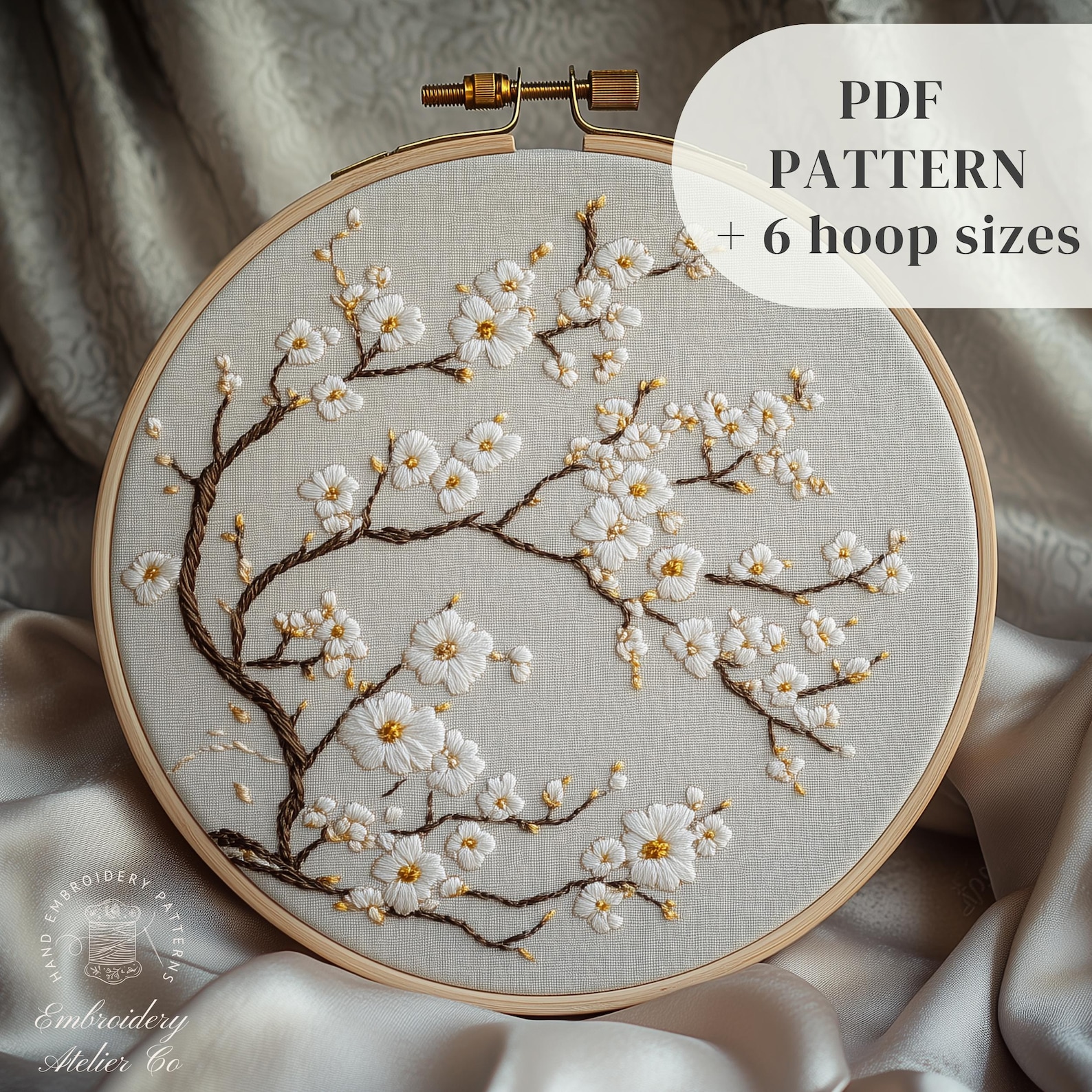 Cherry Blossoms Hand Embroidery Pattern, White Sakura Tree Embroidery ...