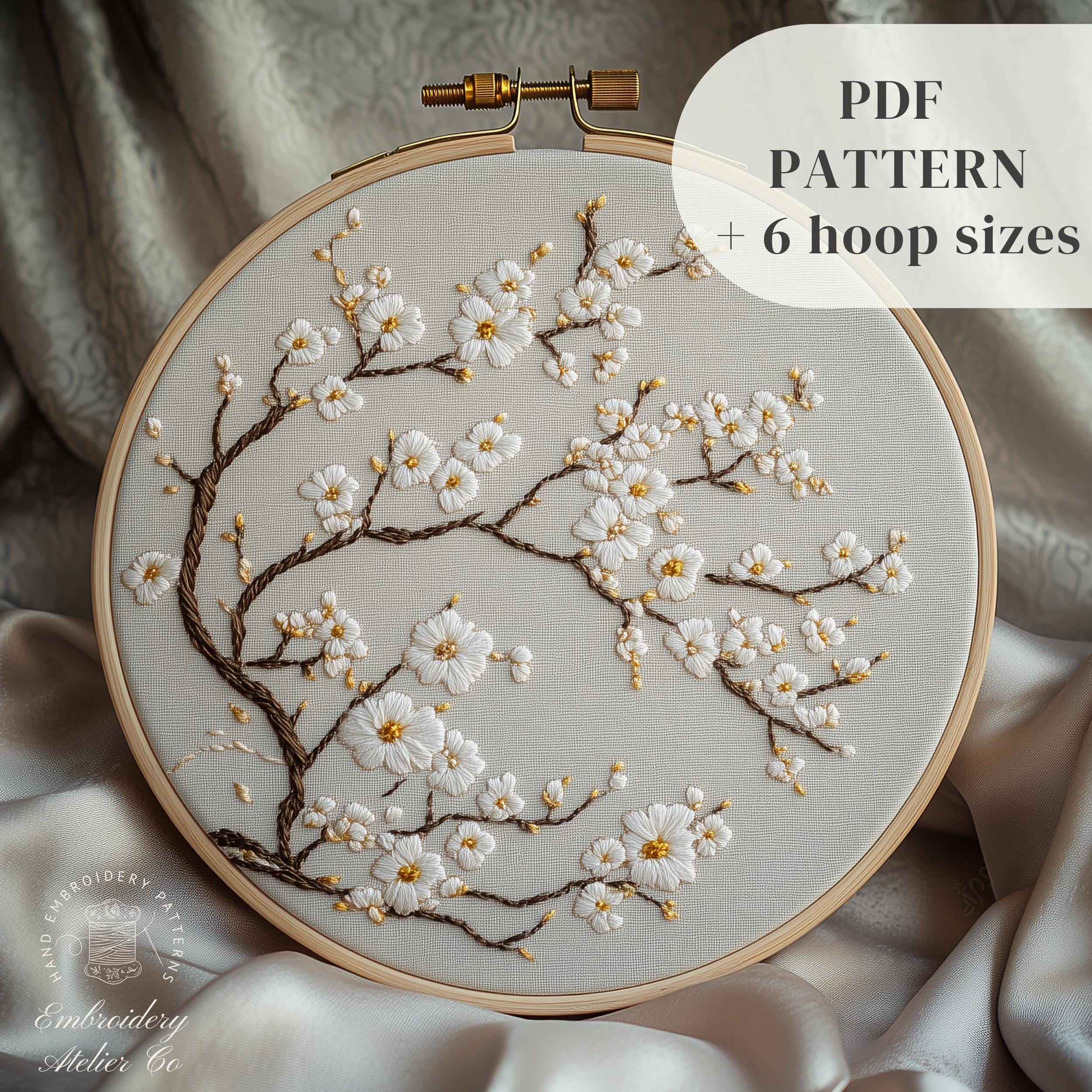 Cherry Blossoms Hand Embroidery Pattern, White Sakura Tree Embroidery ...