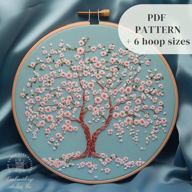 Sakura Tree Hand Embroidery Pattern, Cherry Blossoms Embroidery Design ...
