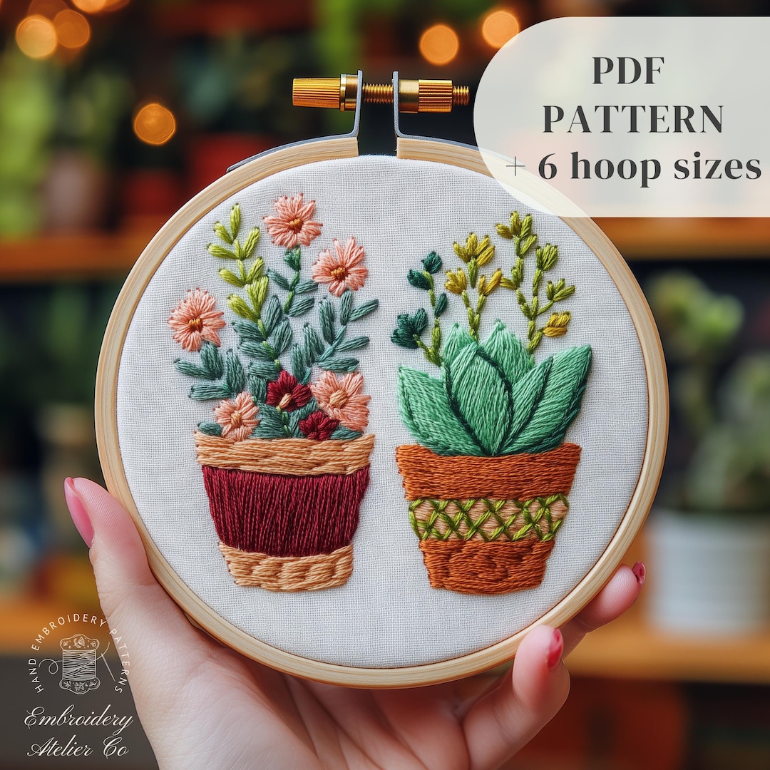 Potted Plants Embroidery Design, Botanical Hand Embroidery Pattern ...