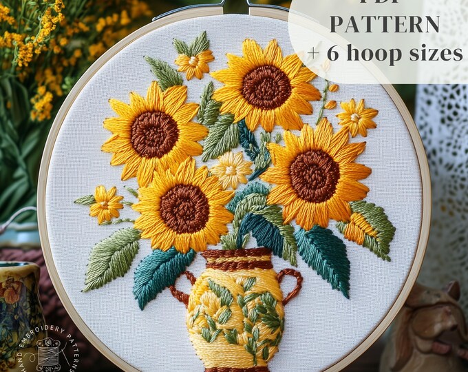 Three Sunflowers Embroidery Pattern, Floral Embroidery PDF, Sunflower ...