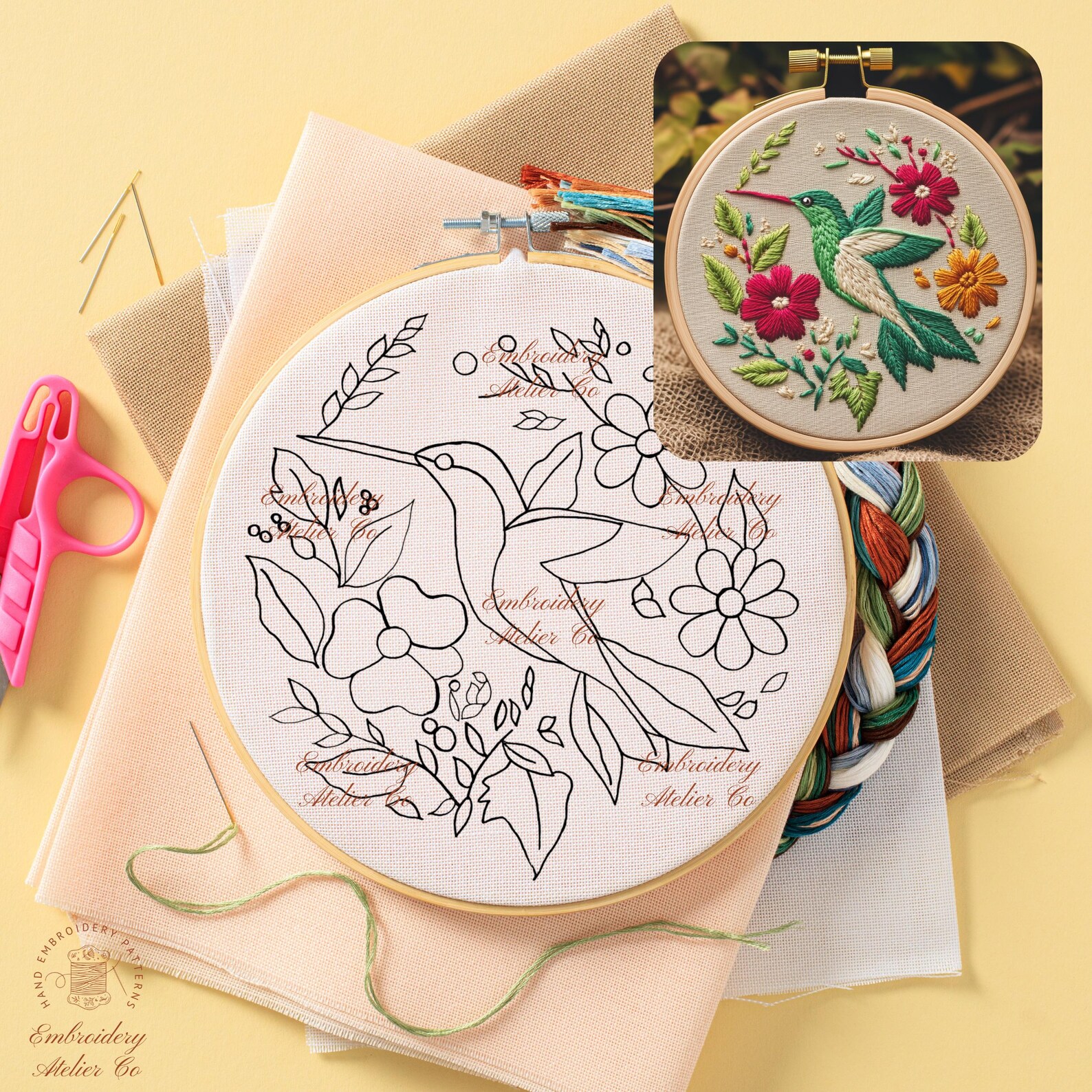 Hummingbird Hand Embroidery Pattern, Flowers and Tropical Bird ...