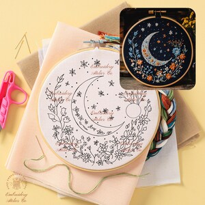 Flowers Crescent Moon Hand Embroidery Pattern, Celestial Embroidery ...