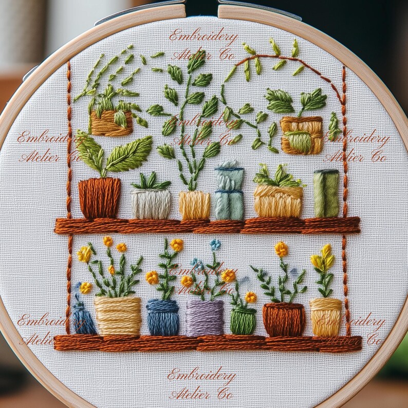 House Plants Shelves Embroidery Pattern, Potted Plants Hand Embroidery ...