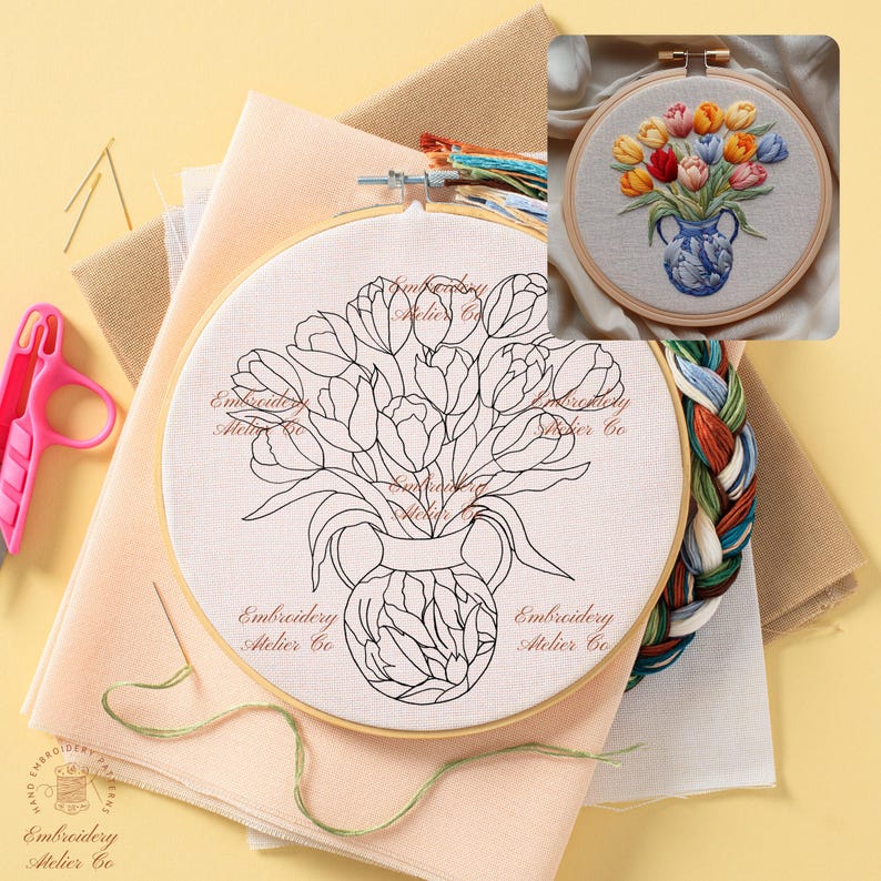 Vase of Tulips Hand Embroidery Design, Colorful Tulips DIY Embroidery ...