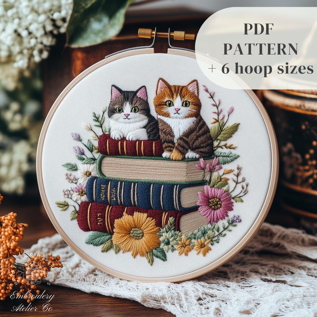 Books and Cute Cats Embroidery Pattern, Bookish Hand Embroidery Design ...