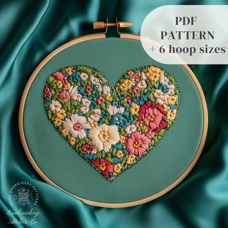 Floral Heart Embroidery Design, Love Hand Embroidery Pattern, Flowers ...