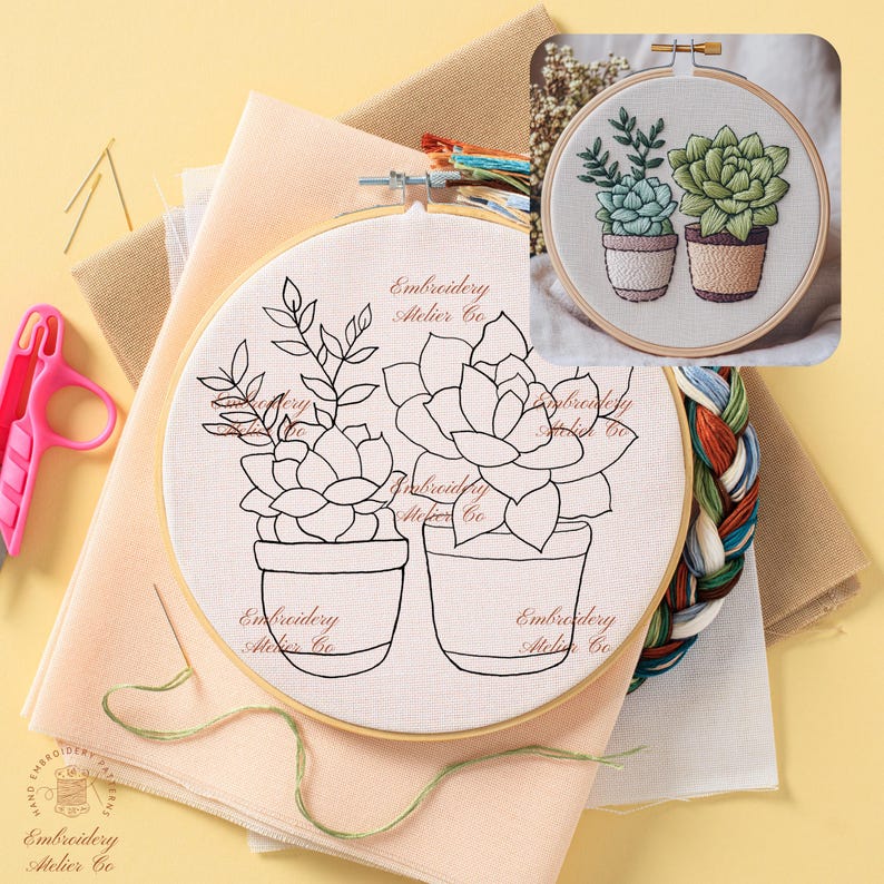 Succulent Plants Hand Embroidery Pattern, Easy Beginners Embroidery ...