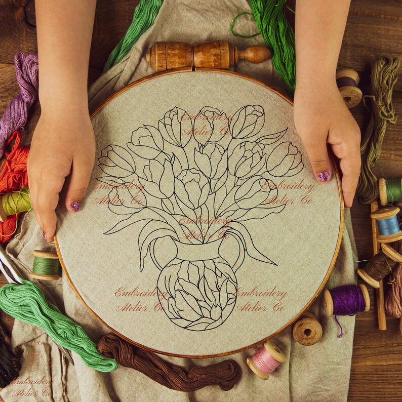 Vase of Tulips Hand Embroidery Design, Colorful Tulips DIY Embroidery ...