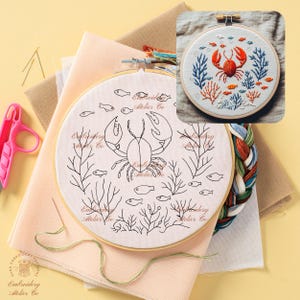 Lobster and Fishes Embroidery Pattern, Ocean Life Hand Embroidery ...