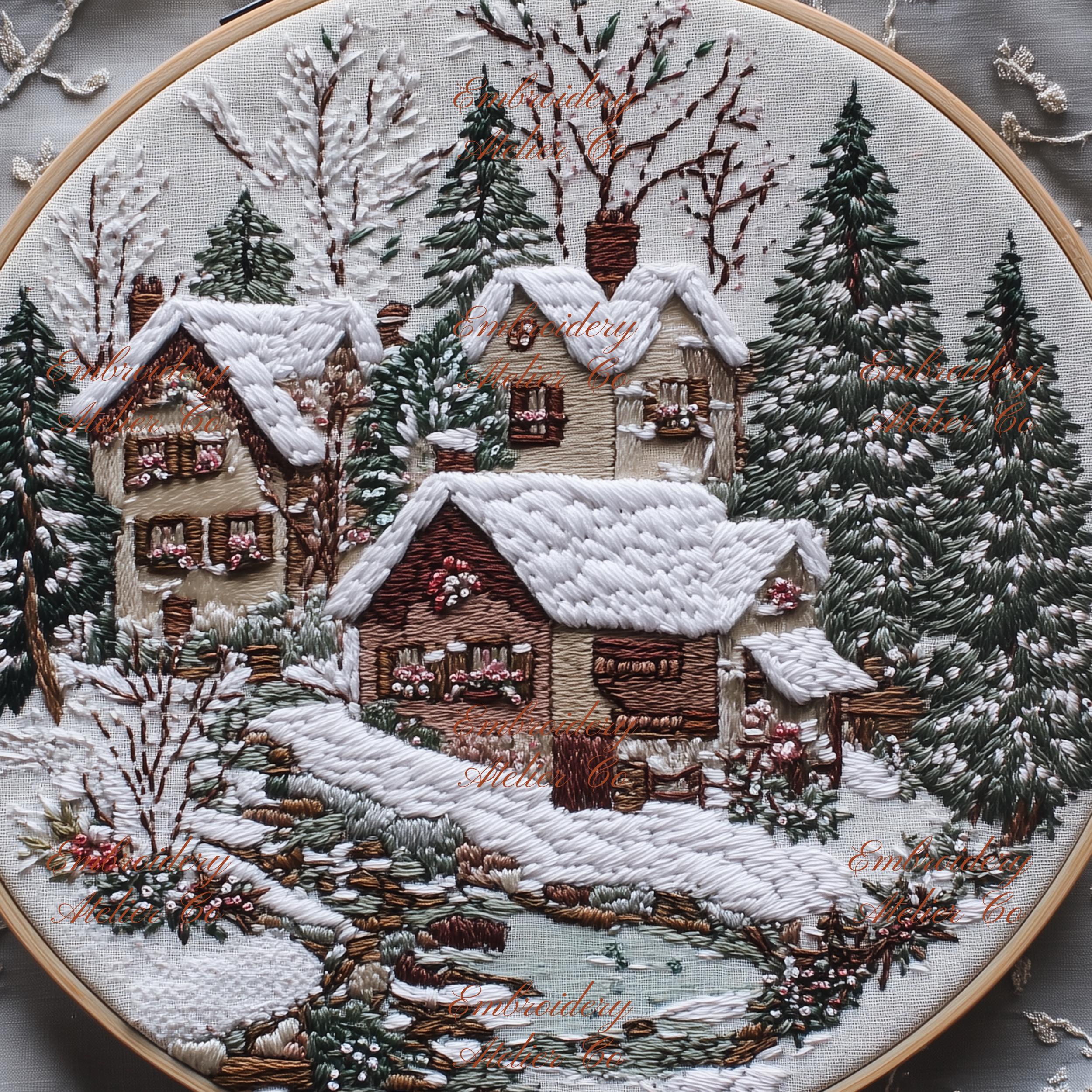 Holiday Village Hand Embroidery Design, Winter Embroidery Pattern ...