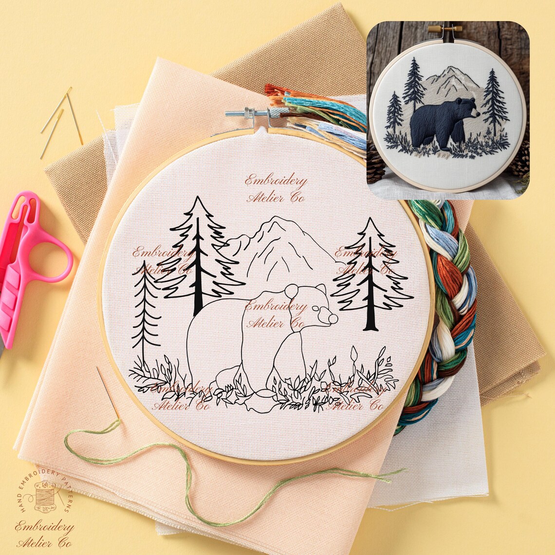 Bear Hand Embroidery Pattern, Woodland Animal Embroidery Design ...