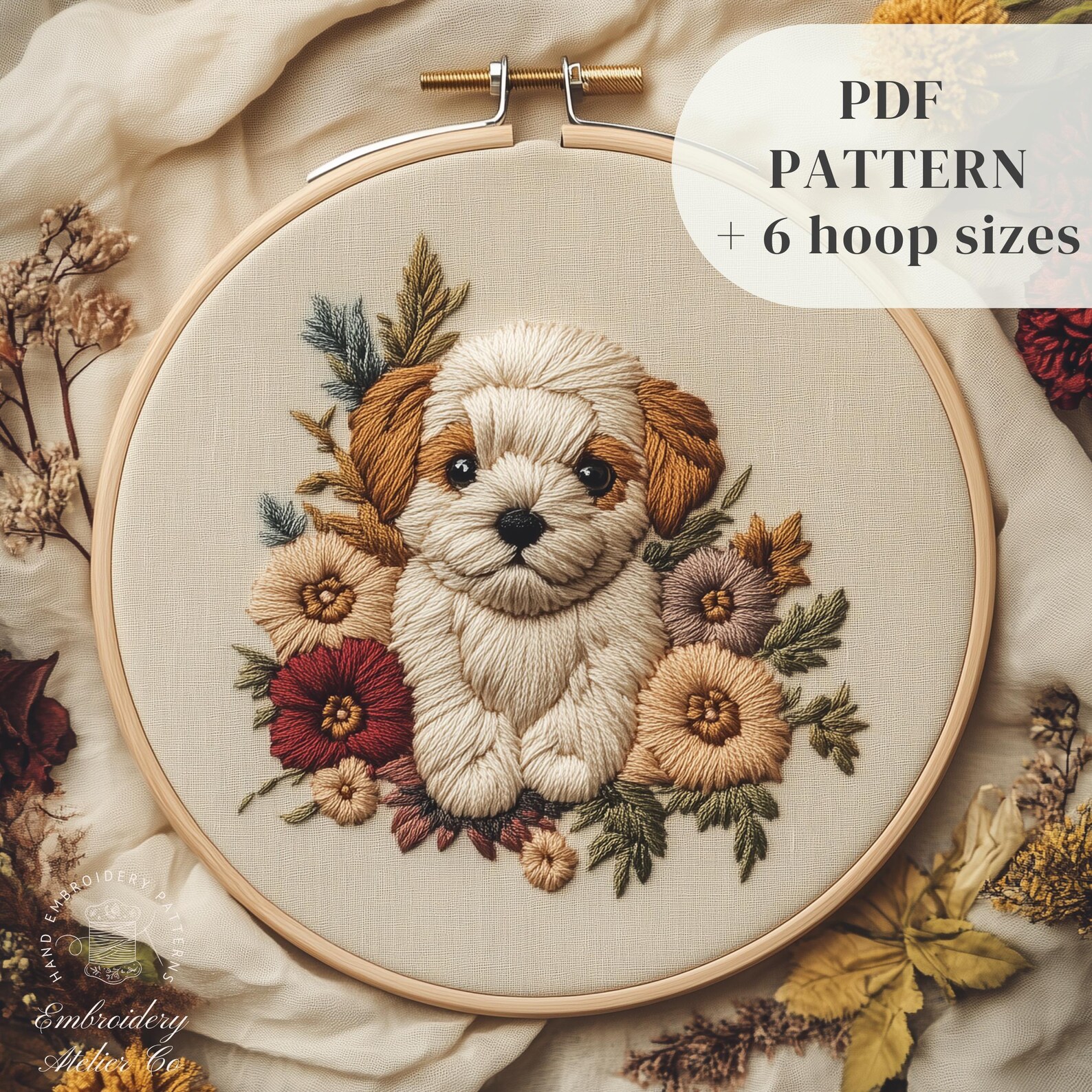 Cute Dog Hand Embroidery Pattern, Floral Puppy Embroidery Design ...