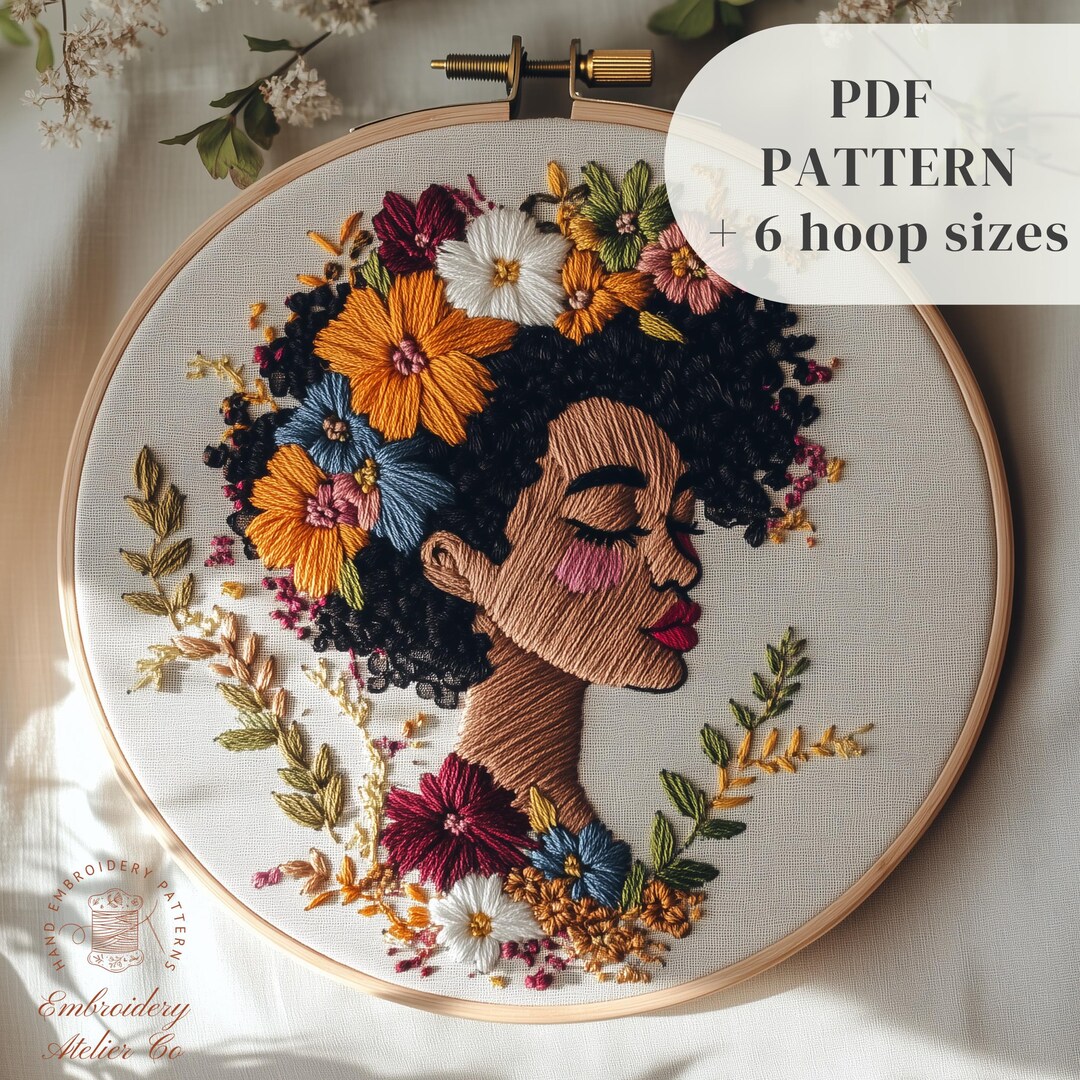 African Woman Embroidery PDF Pattern, Afro Female Hand Embroidery ...