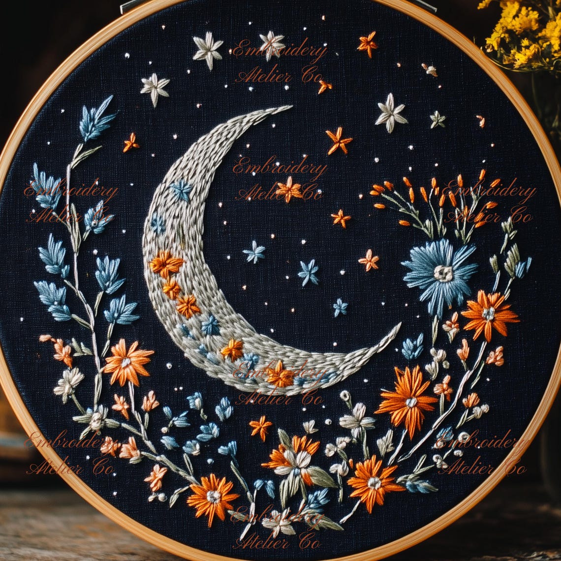 Flowers Crescent Moon Hand Embroidery Pattern, Celestial Embroidery ...