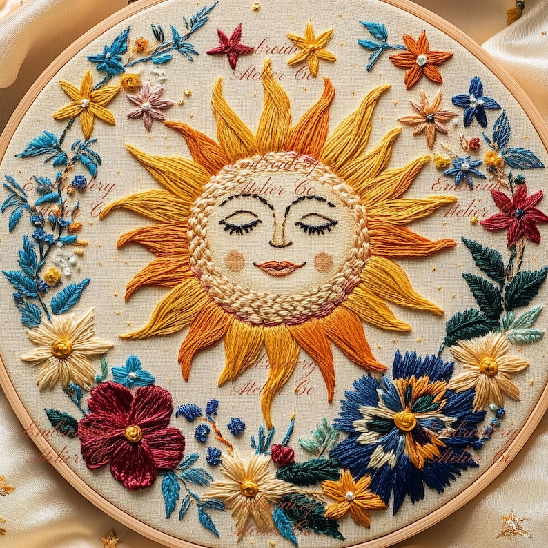 Celestial Hand Embroidery Pattern, Vibrant Sun Embroidery Design ...