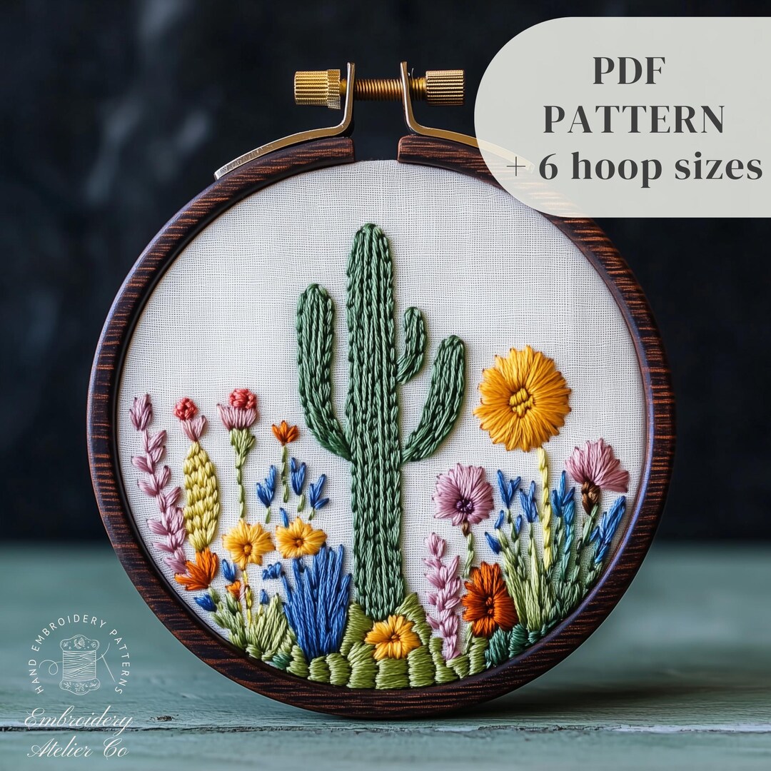 Beginner Hand Embroidery Design, Cactus and Wildflowers Embroidery PDF ...