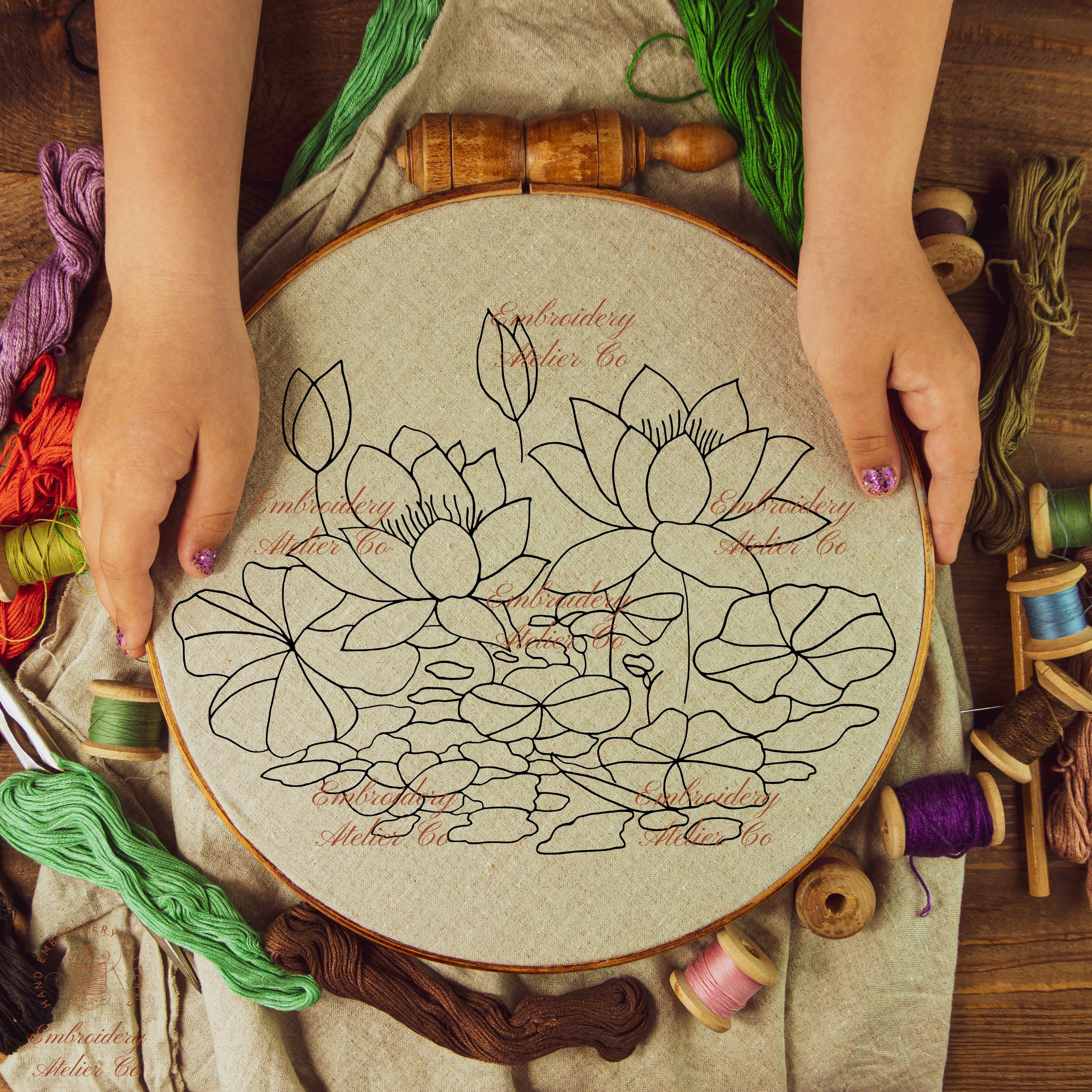Water Lilies Embroidery PDF Pattern, Water Lily Hand Embroidery Design ...