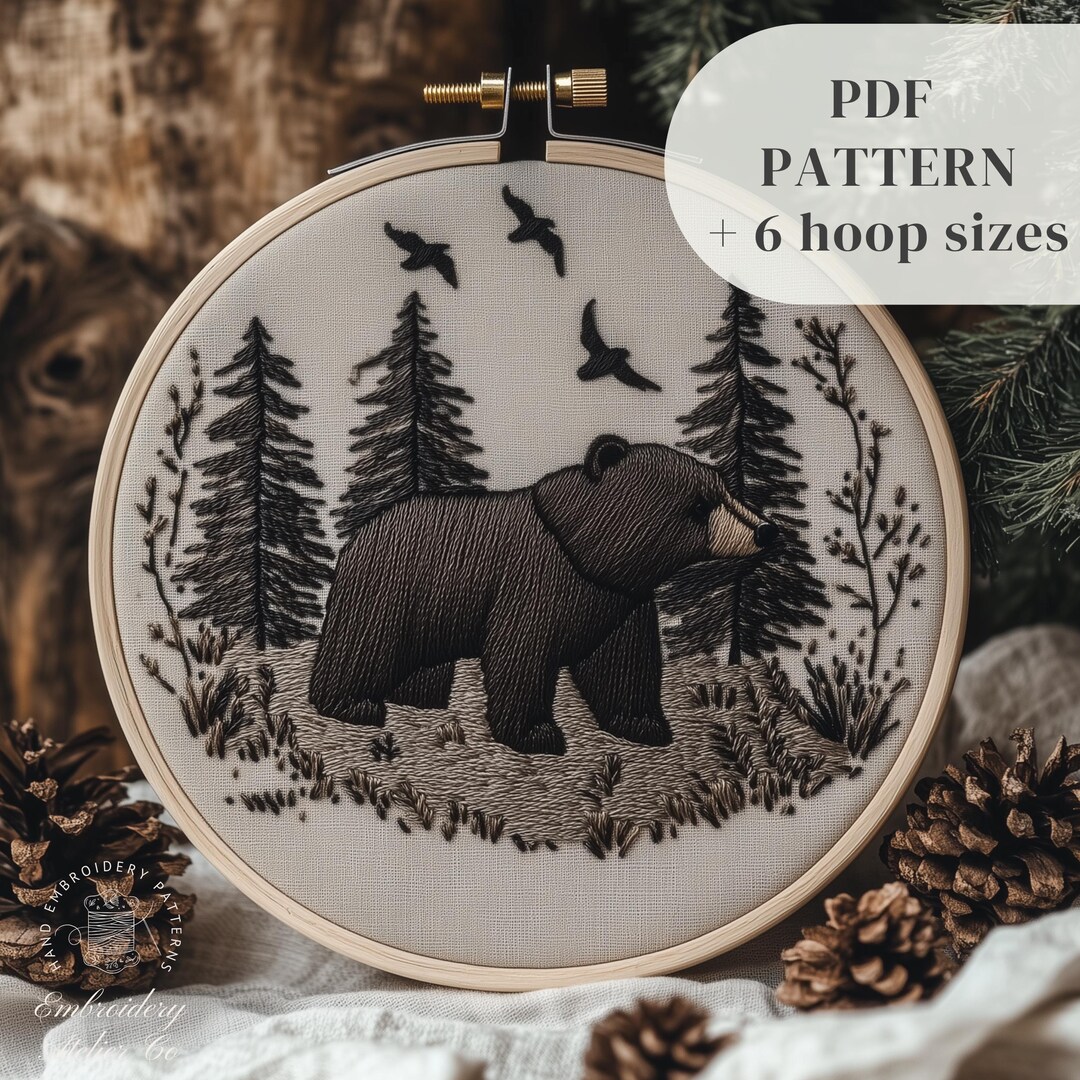 Woodland Animal Embroidery Design, Bear Hand Embroidery PDF Pattern ...