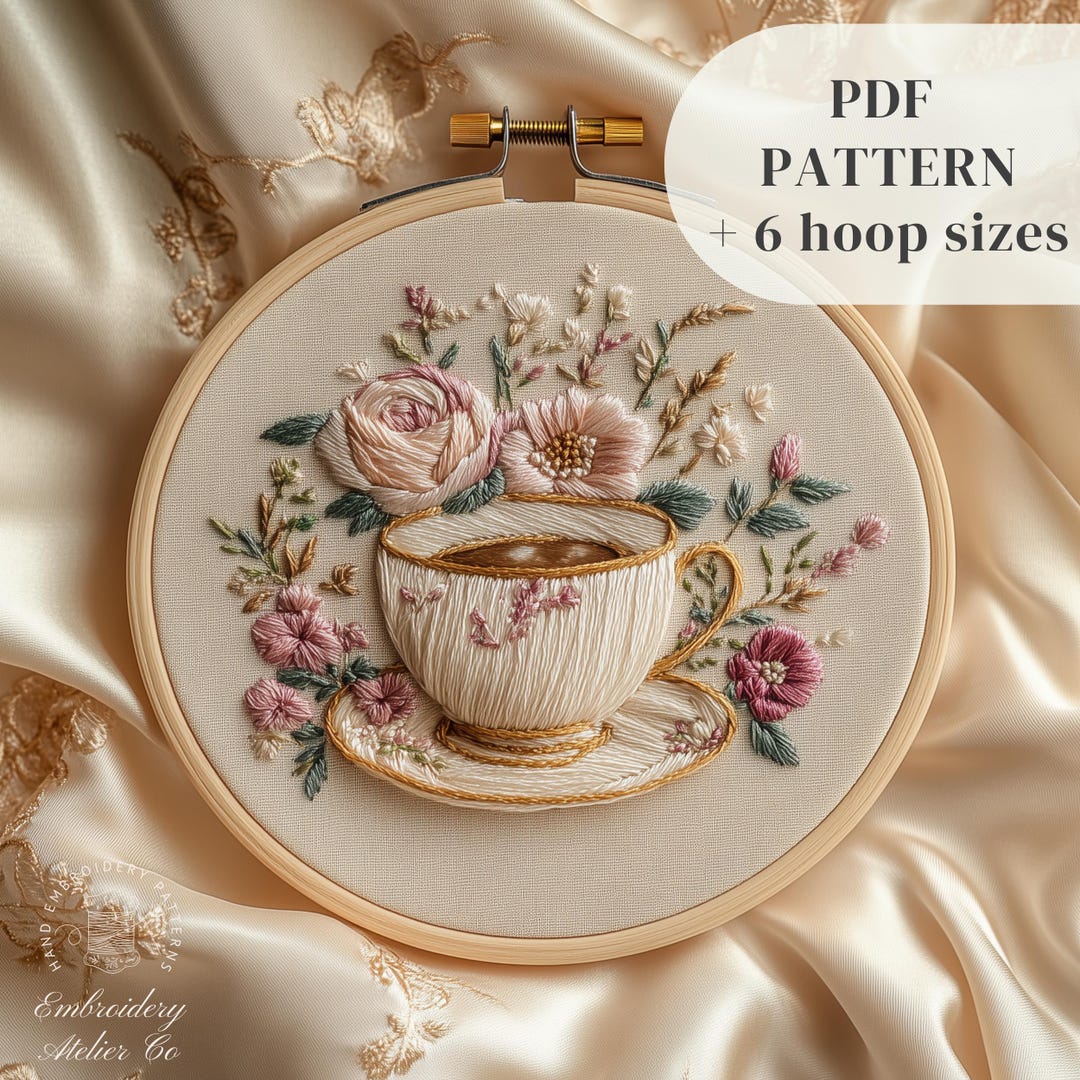 Floral Coffee Cup Embroidery PDF Pattern, Coffee Mug Hand Embroidery ...