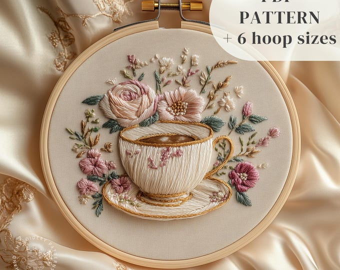 Flower Cup Embroidery Pattern, Tea, Coffee Cup Embroidery Design, Fall ...
