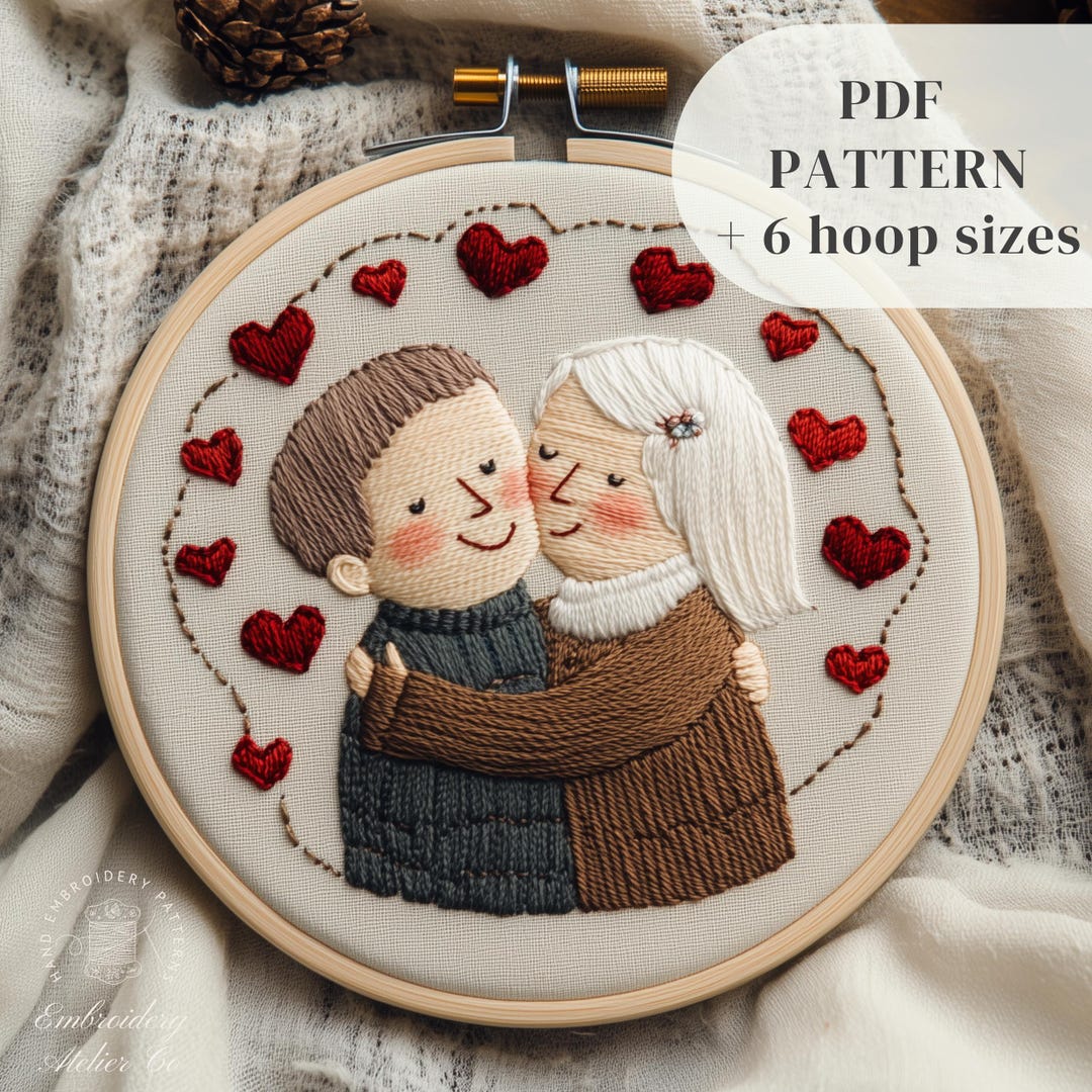 Cute Old Couple Hand Embroidery Pattern, Sweet Grandma and Grandpa ...