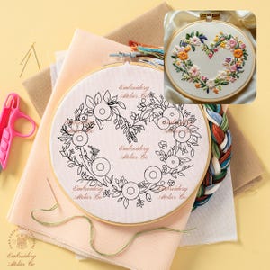 Spring Flowers Wreath Embroidery Pattern, Heart Shaped Wreath Hand ...