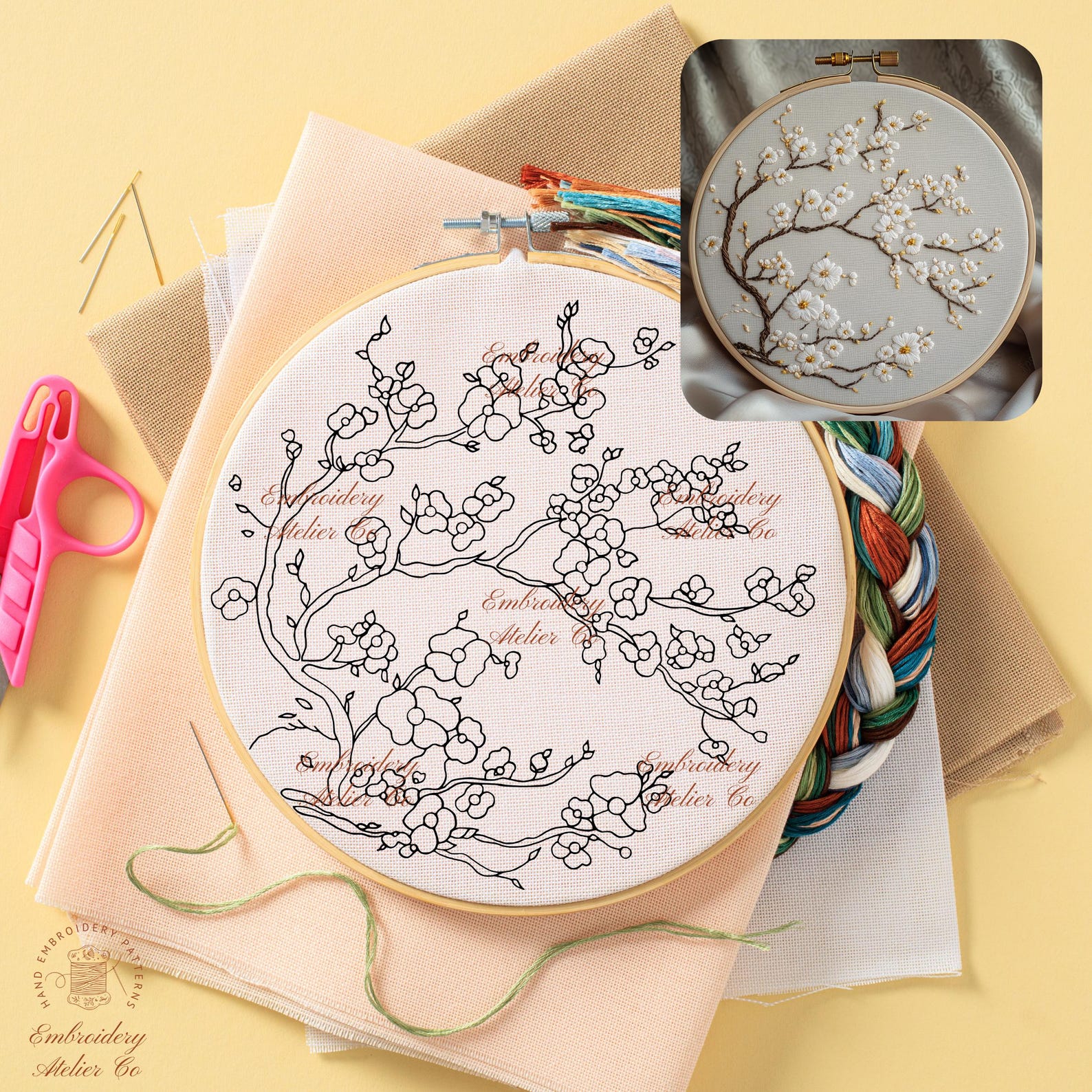 Cherry Blossoms Hand Embroidery Pattern, White Sakura Tree Embroidery ...