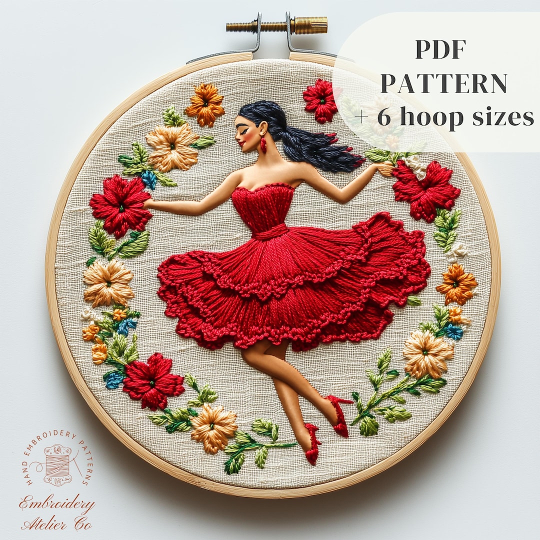 Dancing Woman Hand Embroidery Pattern, Flowers Female Embroidery Design ...