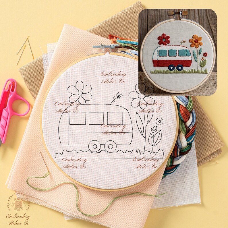 Retro Caravan Hand Embroidery Design, Floral Camper Embroidery Pattern ...