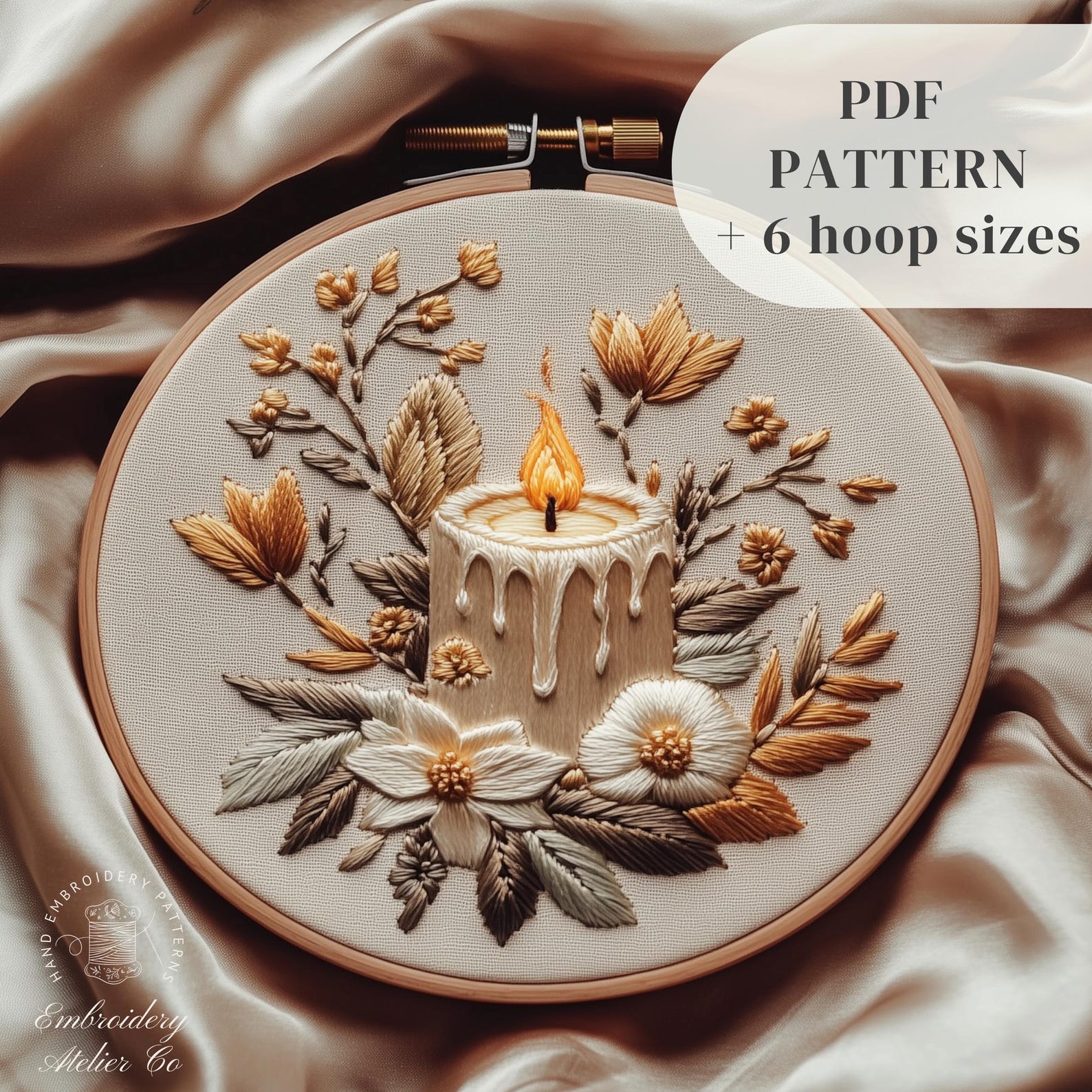 Floral Candle Embroidery PDF Pattern, Winter Hand Embroidery Design ...