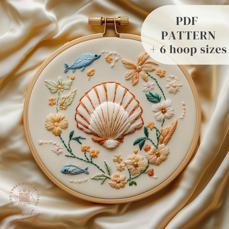 Seashell Embroidery PDF Pattern, Summer Hand Embroidery Design, Ocean ...