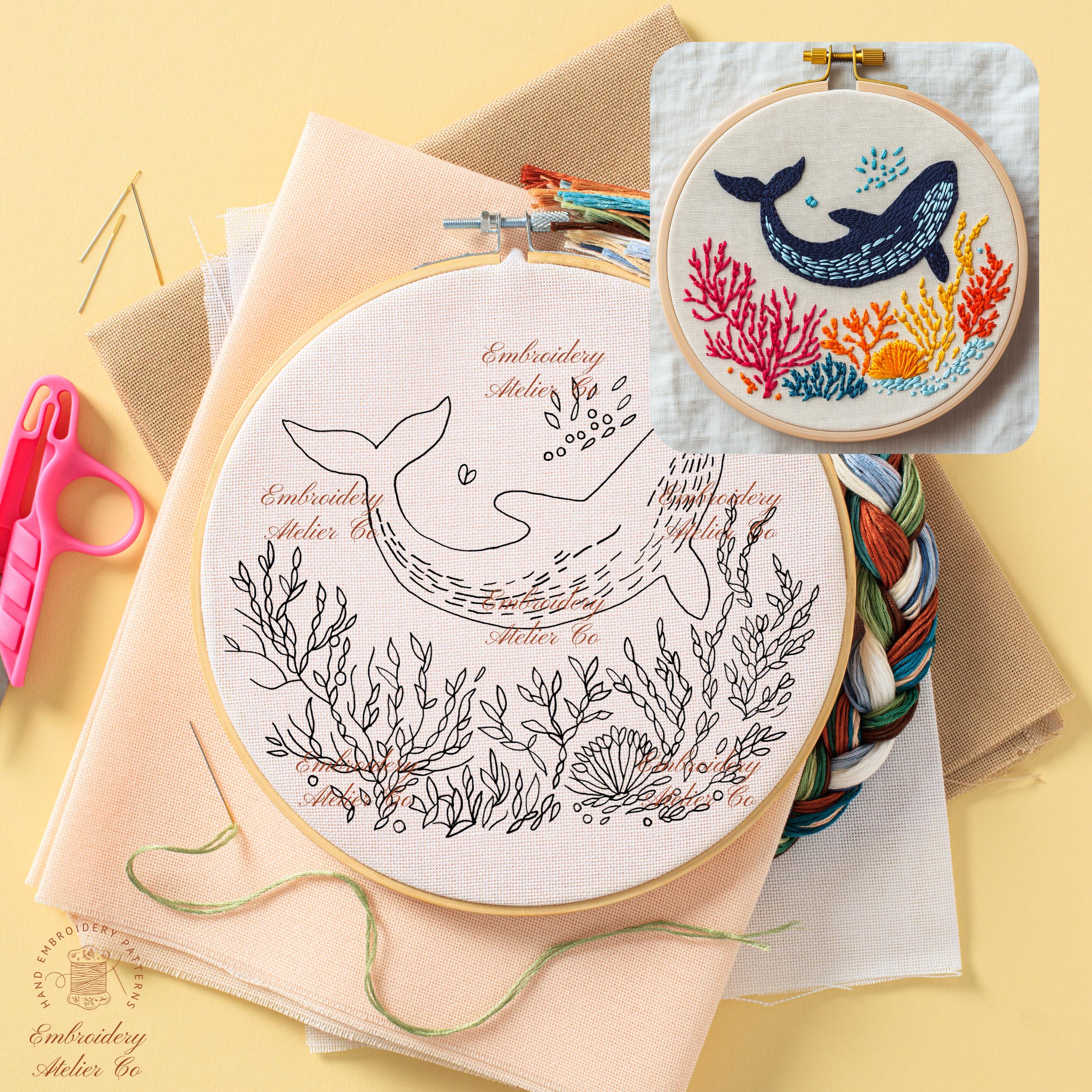 Whale Hand Embroidery Pattern, Ocean Life Embroidery Design, Wildlife ...