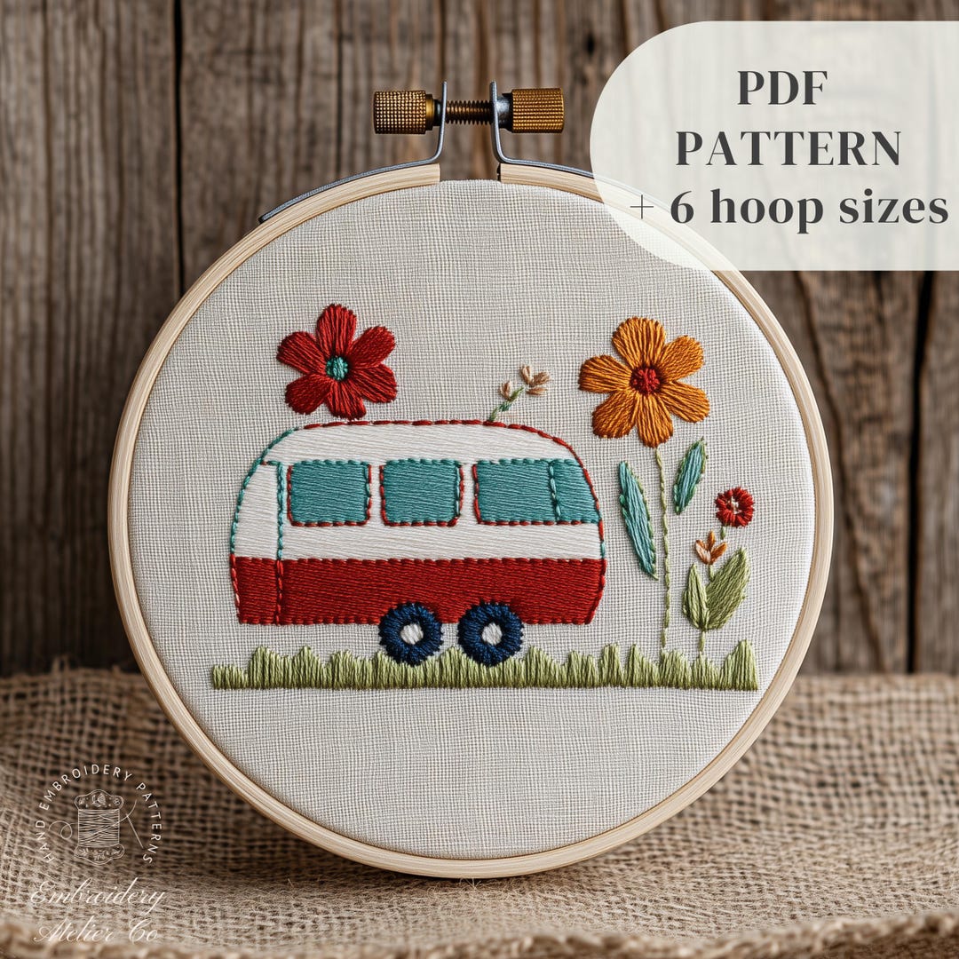Retro Caravan Hand Embroidery Design, Floral Camper Embroidery Pattern ...