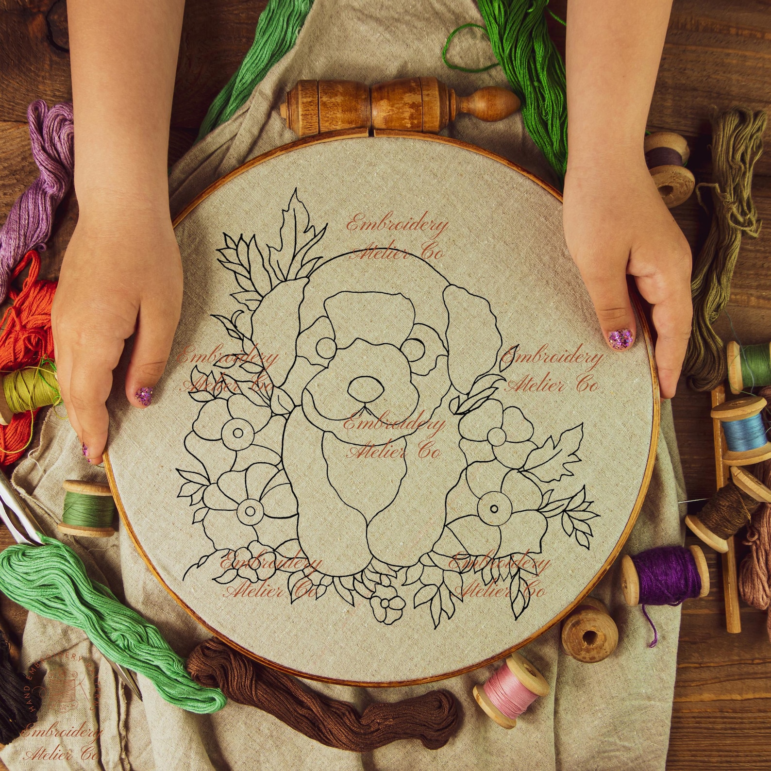Cute Dog Hand Embroidery Pattern, Floral Puppy Embroidery Design ...