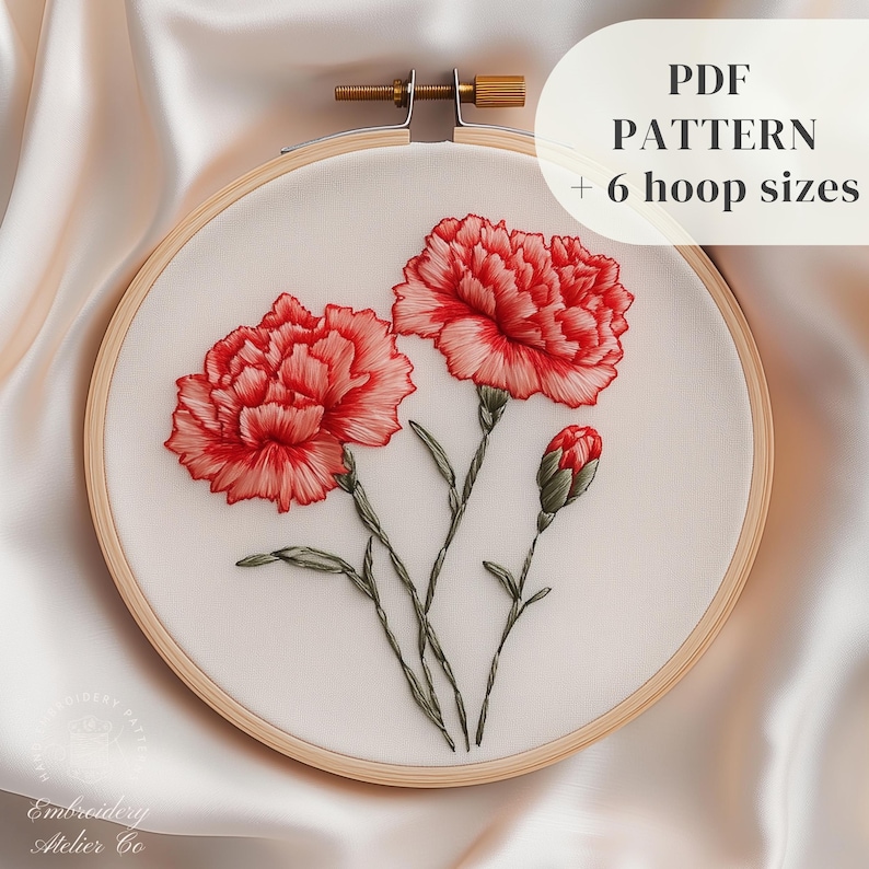 Carnations Hand Embroidery Pattern, Spring Flowers Embroidery Design ...