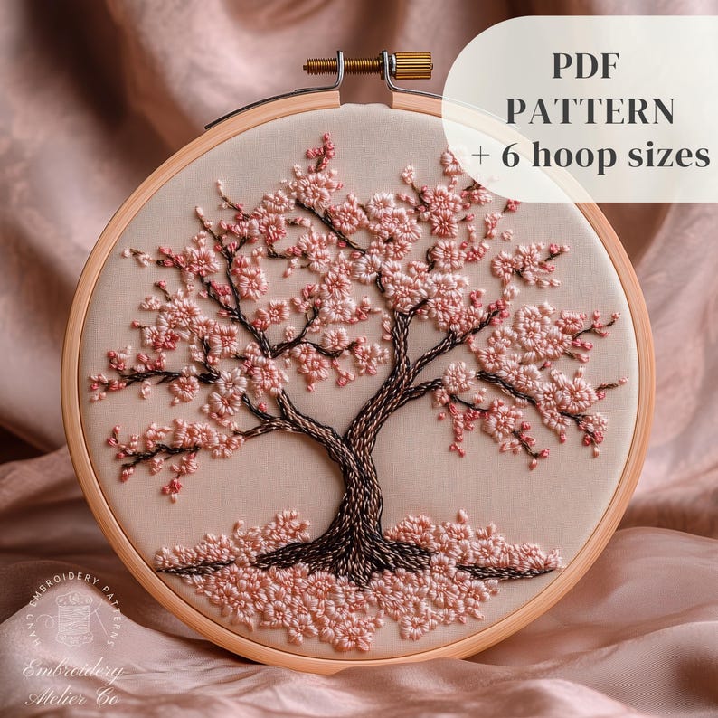 Cherry Blossoms Hand Embroidery Design, Pink Sakura Tree Embroidery PDF ...