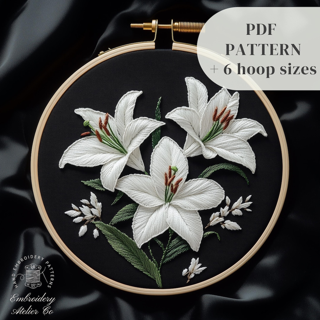 White Lilies Embroidery PDF Pattern, Asiatic Lily Flowers Embroidery ...