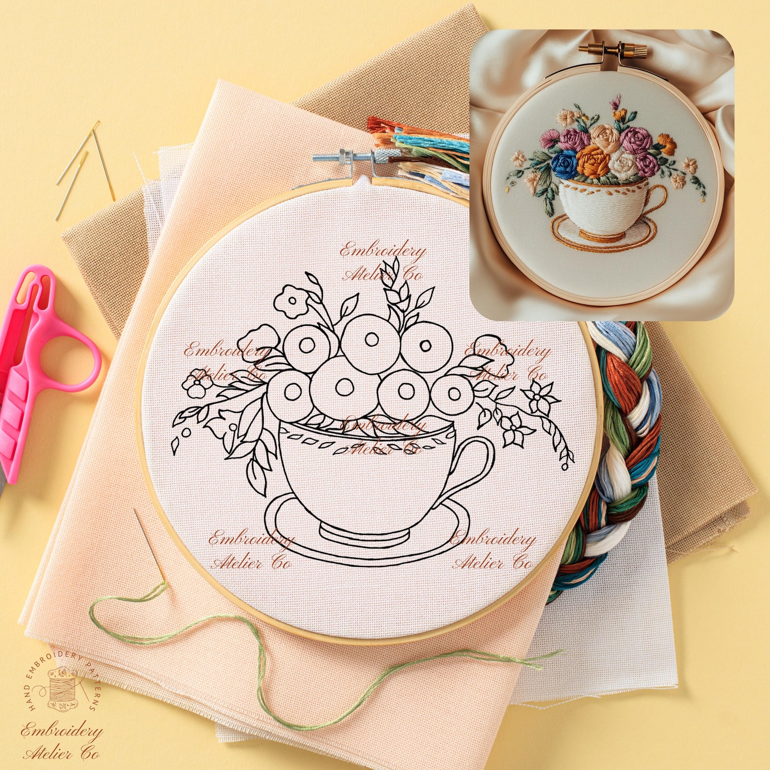 Coffee Cup Embroidery Pattern, Floral Coffee Mug Hand Embroidery PDF ...