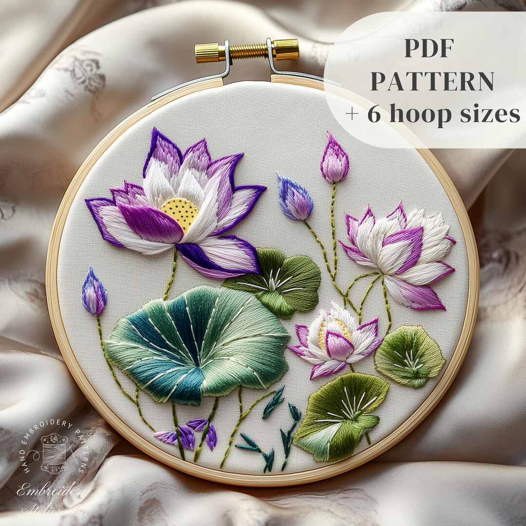 Purple Lotus Hand Embroidery Pattern, Asian Lotus Flowers Embroidery ...